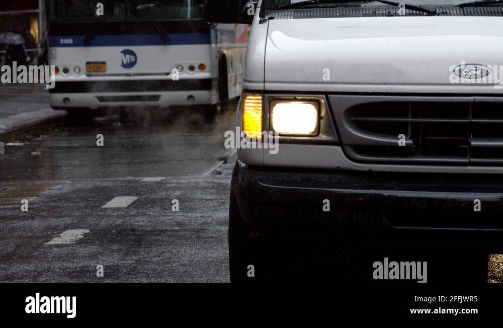 Bus Raining Woman Walking Umbrella Rainy NYC Rain Slow Motion 4K Stock ...