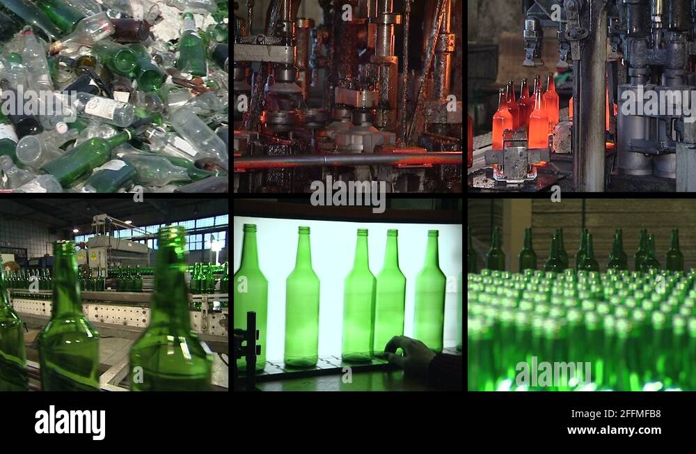 Collage of glass bottle recycling and production in factory Stock Video ...