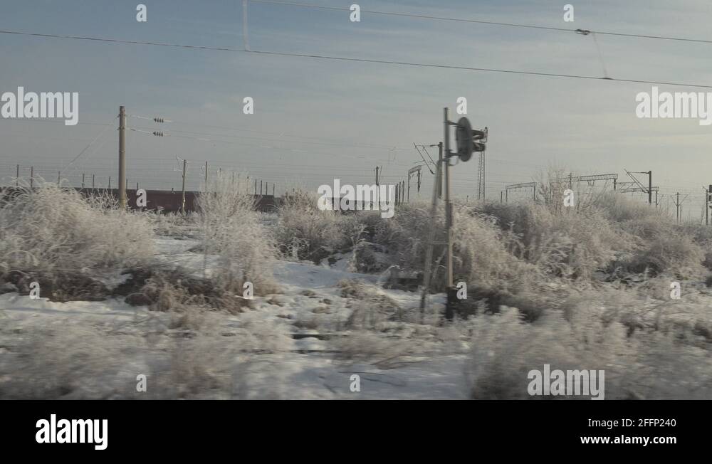 Snow rail track railway winter rail line station perspective Stock ...