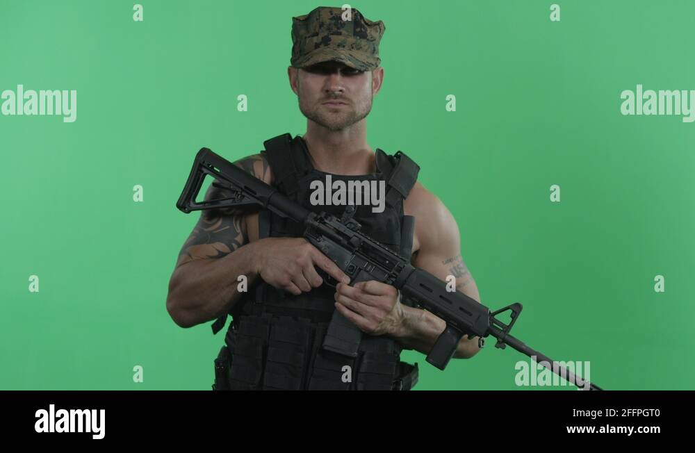 A Modern War Soldier Stands Ready To Fight (Green Screen Stock Video ...
