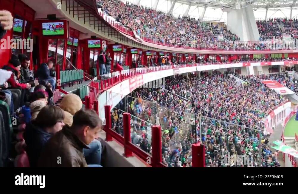 Many fans look at soccer field and chant at stadium Stock Video Footage ...