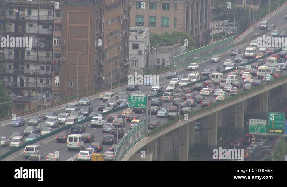 Busy multiple lane freeway Shanghai congestion bustling jam car vehicle ...