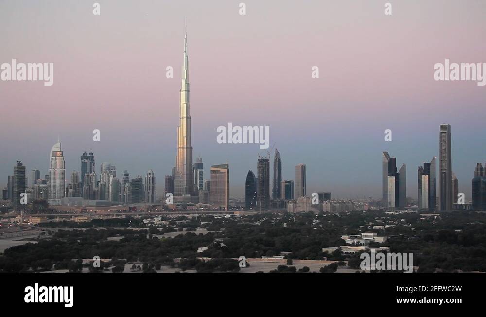 UAE, Dubai, elevated view of the new Dubai skyline, the Burj Khalifa ...