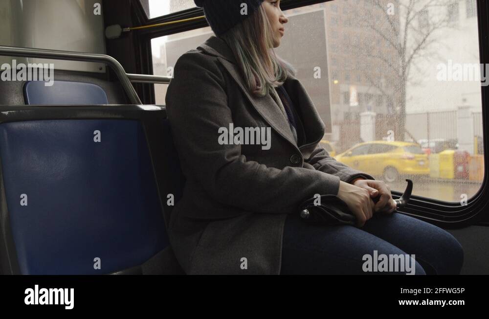 girl commuter alone on city bus in 4k, New York City NYC Manhattan ...