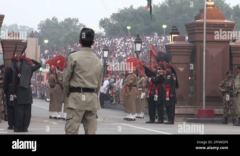 Flag lowering ceremony India Pakistan at Wagah border Stock Video ...