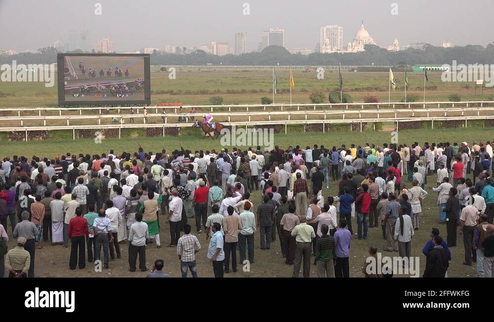 Horse racing tracks, audience, running horses, Kolkata skyline, India ...