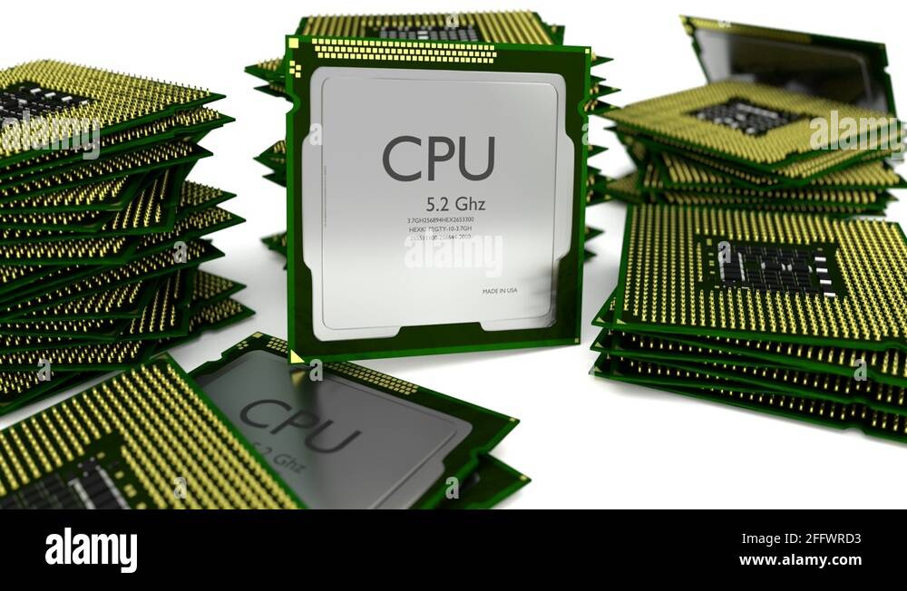 Animated realistic CPUs micro chips against white background Stock ...