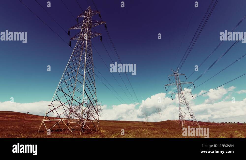 4K Electricity,high voltage pylons,power transmission lines Stock Video ...