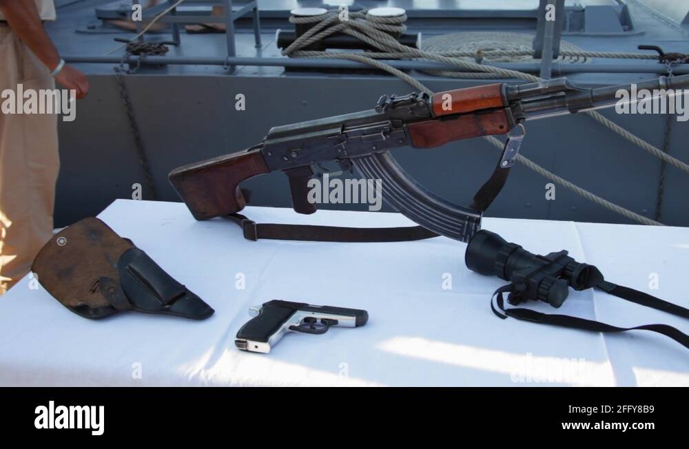 Soviet AKM rifle type, army, navy, weapons, exhibition, soldier Stock ...