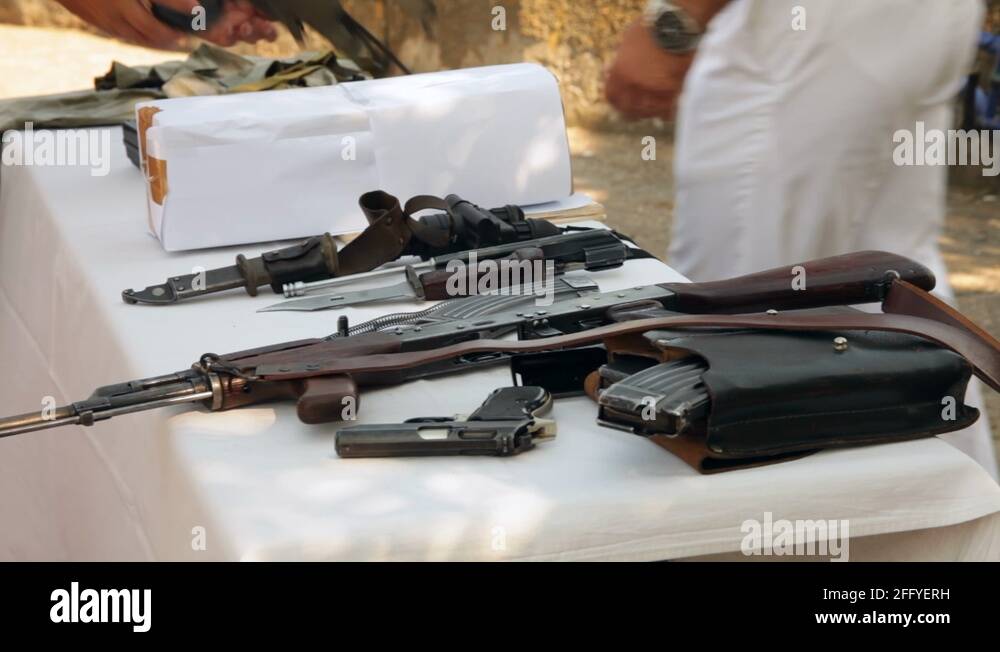 Weapon exhibition, Russian AKM assault rifle, bayonet, military, army ...