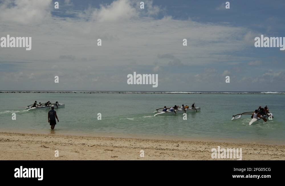 Pan from traditional canoeing boats who compete in Rarotonga, Cook ...