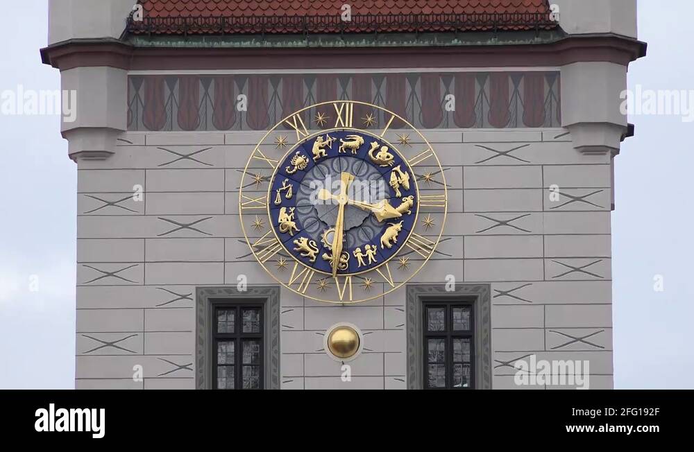 ULTRA HD 4K Beautiful old public clock tower golden zodiac symbol sign ...