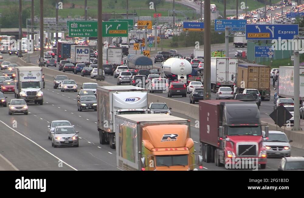 Rush hour traffic jam on major highway running through city of Toronto ...