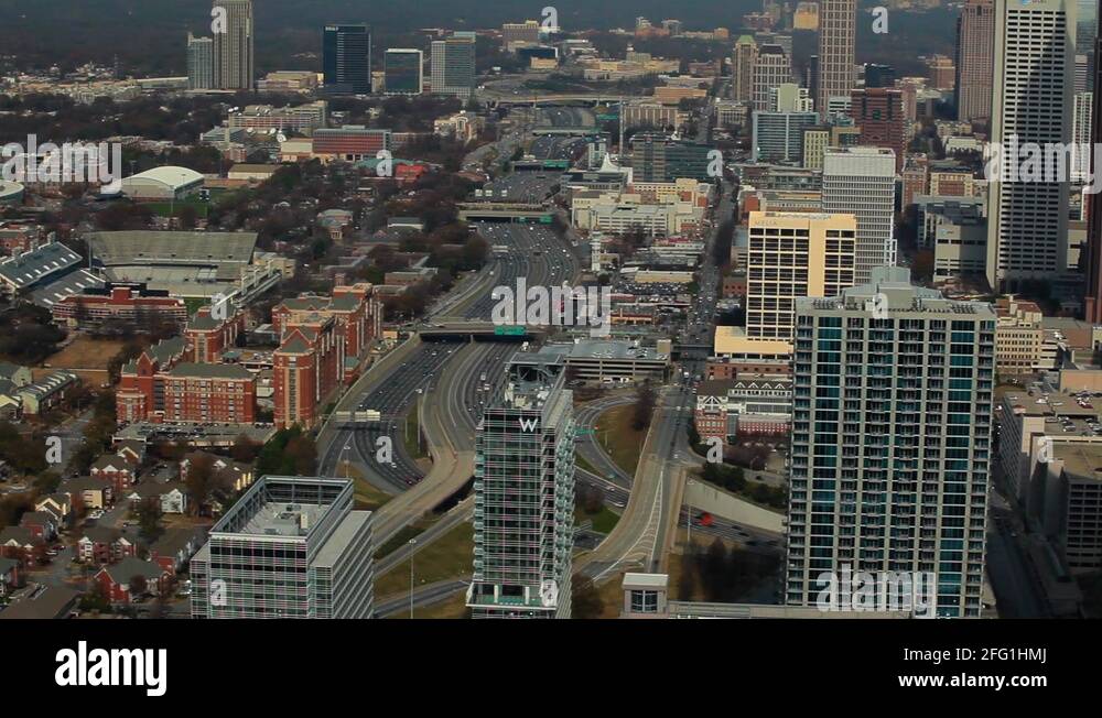 A high angle, pan shot from left to right of the Atlanta Skyline with ...