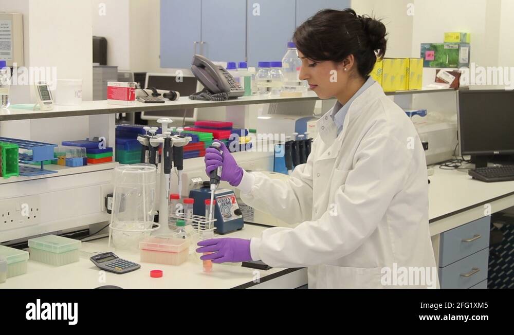Scientist dropping liquid with pipet into vial in genetic laboratory ...