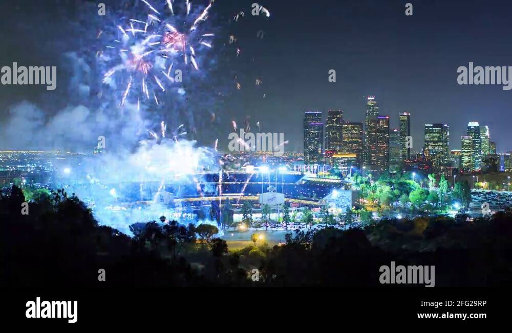 Fireworks display Dodger Stadium city Los Angeles skyline night 4K UHD ...