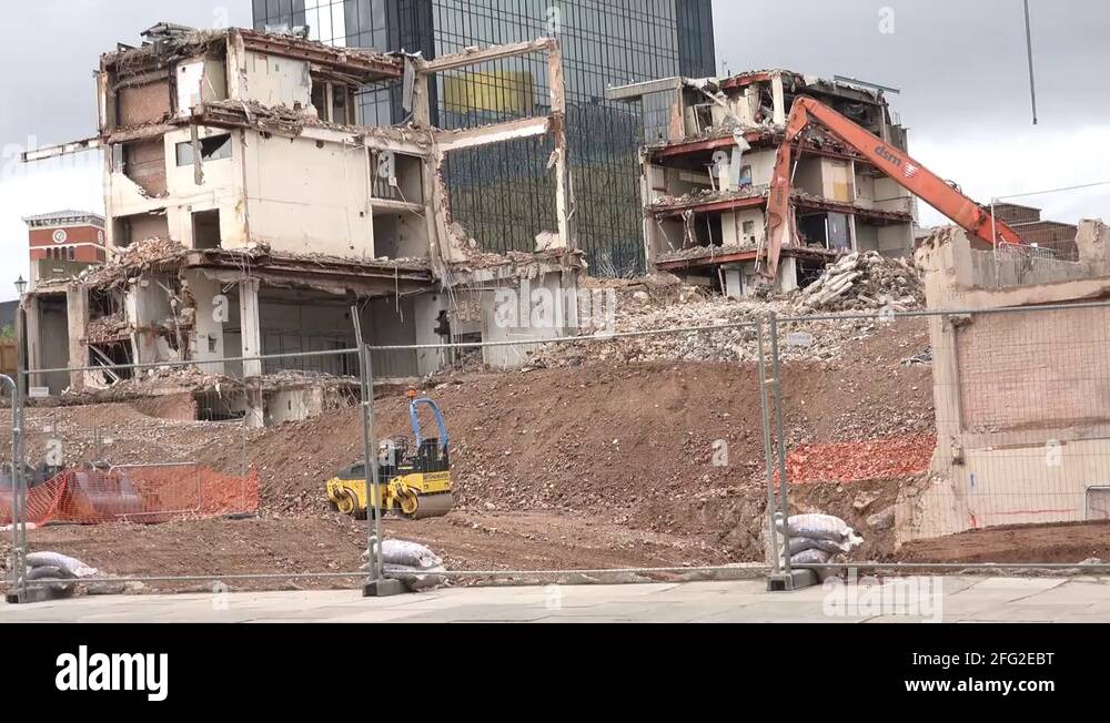 ULTRA HD 4K Demolition site modern wall building construction bulldozer ...