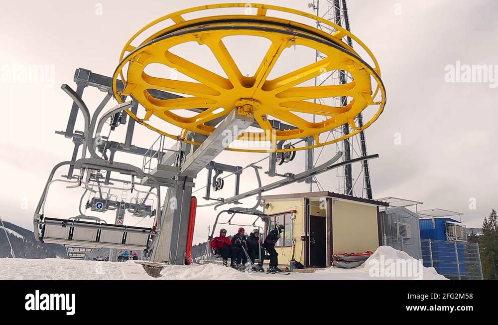 Rotation mechanism ski lifts. Circular rotation of yellow mechanism ...