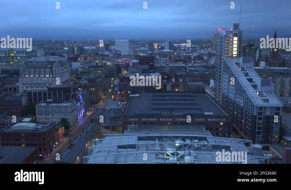 ULTRA HD 4K Manchester panorama twilight famous skyline rooftop tourism ...