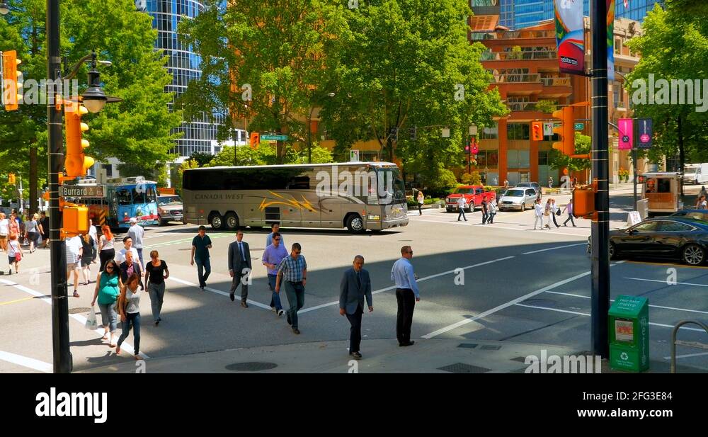 4K Pedestrians Crossing Road, Downtown Vancouver Traffic at ...