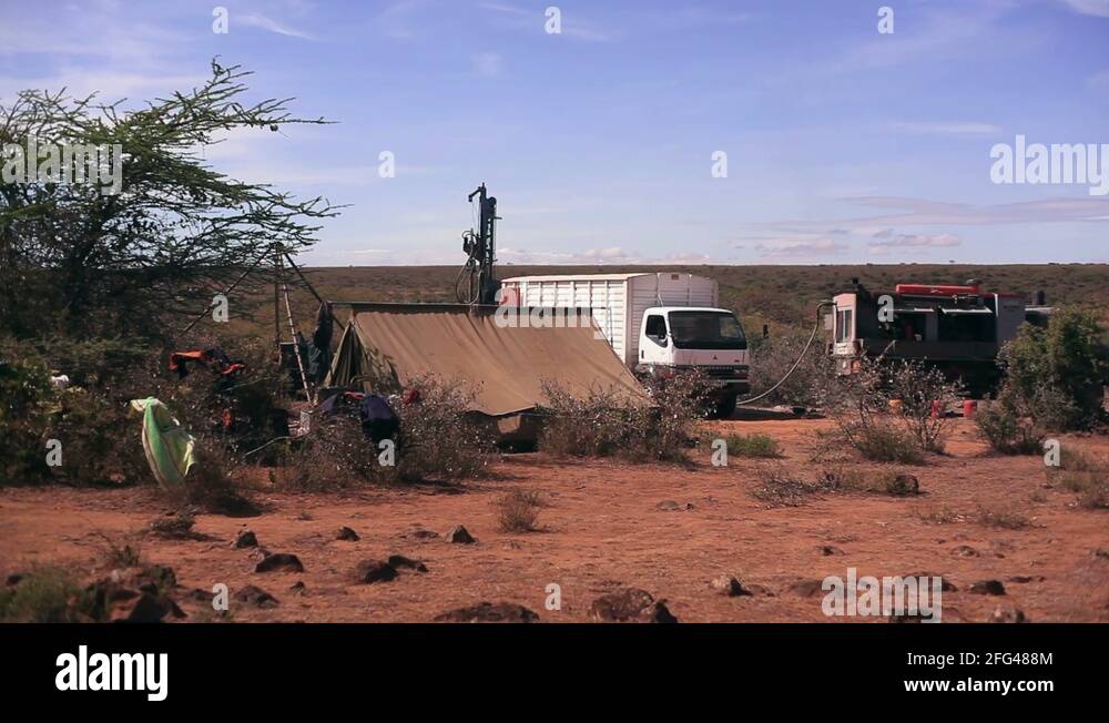 Drilling rig water borehole, construction, rural Africa savannah, Kenya ...