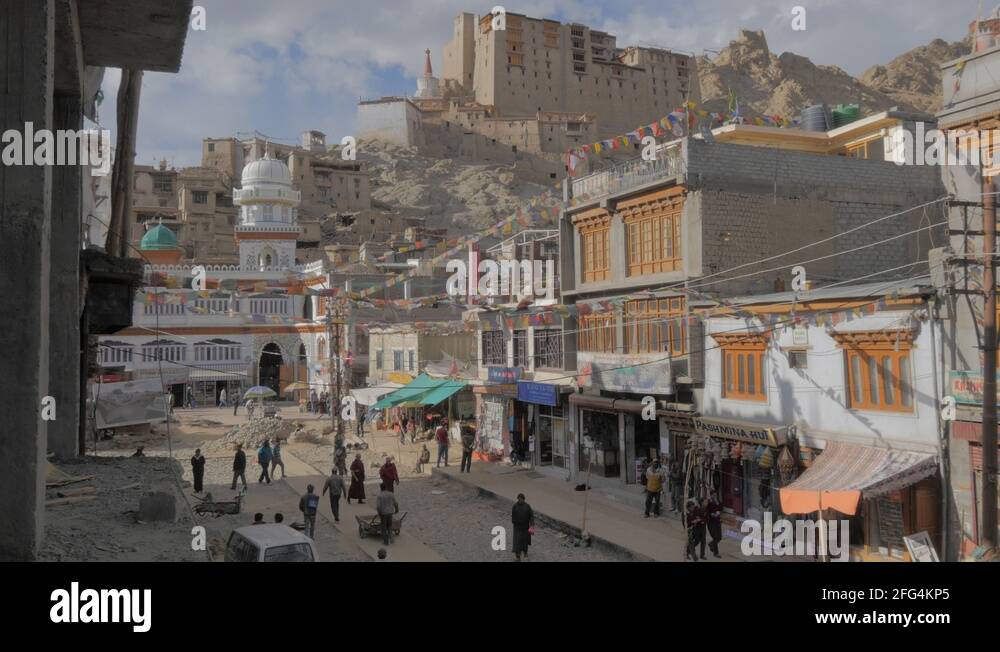 Leh main bazaar with royal palace,Leh,Ladakh,India Stock Video Footage ...