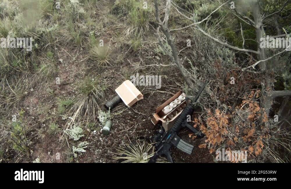 Two soldiers are running in the bushes with M4 automatic assault rifles ...
