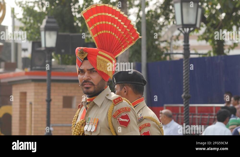 Border guard at flag lowering ceremony,Wagah,Punjab,India Stock Video ...