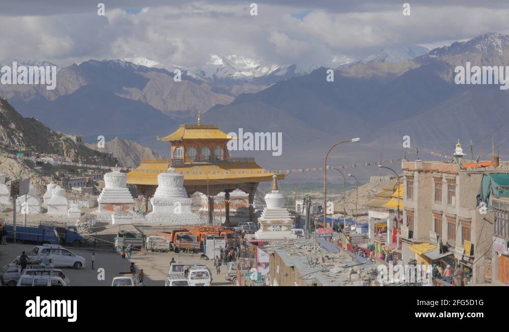 Leh gate with chorten,shops and traffic,Leh,Ladakh,India Stock Video ...