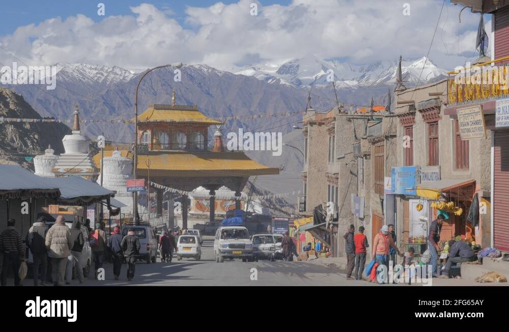 Leh gate with chorten,shops and traffic,Leh,Ladakh,India Stock Video ...