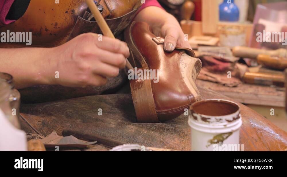 Bespoke Shoemaker Staining And Polishing Leather Of Shoe Stock Video ...