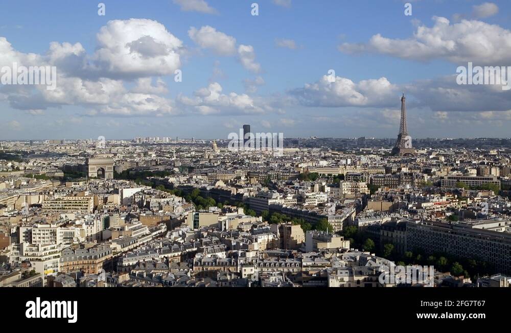City, Arc de Triomphe and the Eiffel Tower, viewed over rooftops, Paris, France Stock Video ...