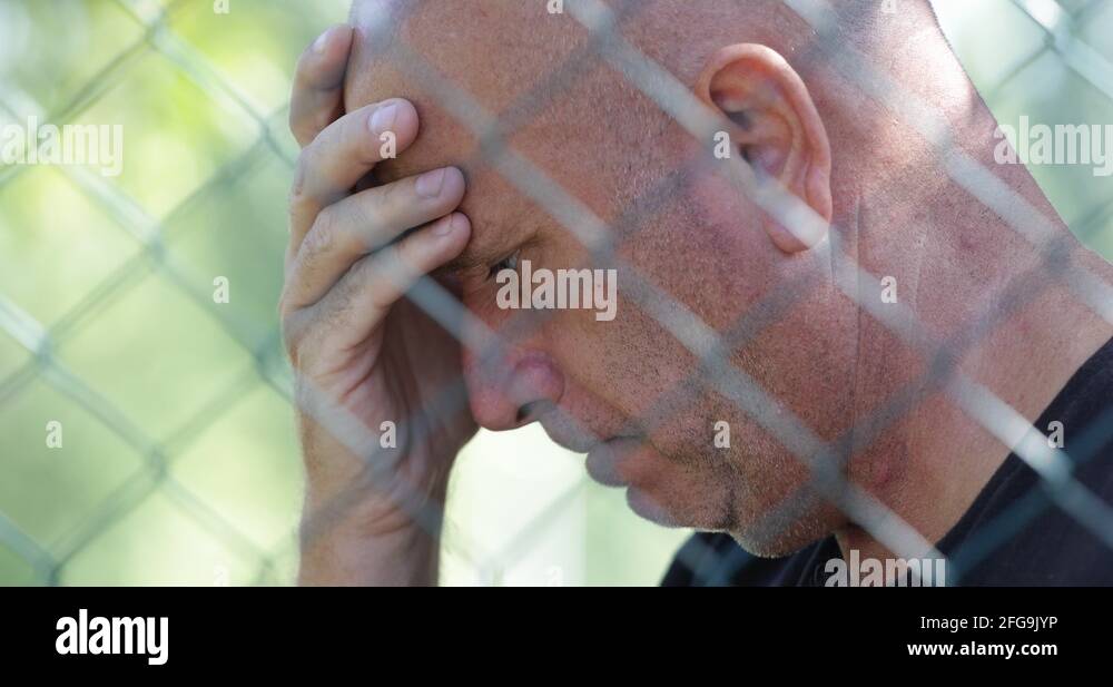 Sad Man Immigrant Refugee Forbidden Entrance Closed Border Iron Fence ...