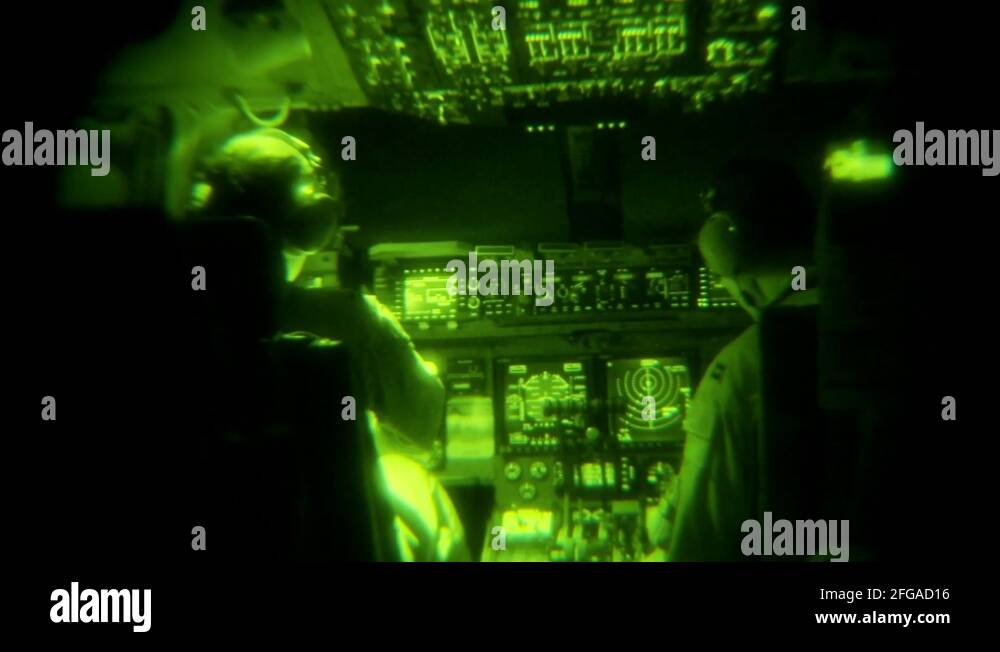 Night Vision shot inside the cockpit of a military cargo plane Stock ...