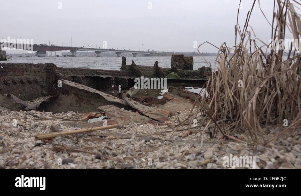Rusty metal beams, frames, broken old ship on the river, ocean, 4k ...