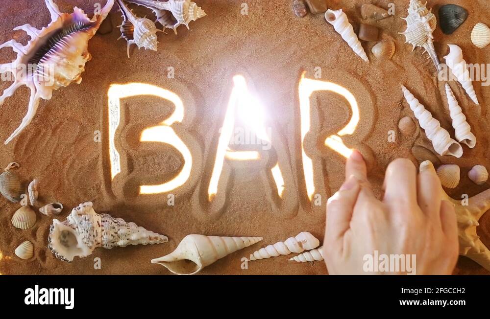 Hand drawing Bar symbol in the sand. Beach background. Top view Stock ...