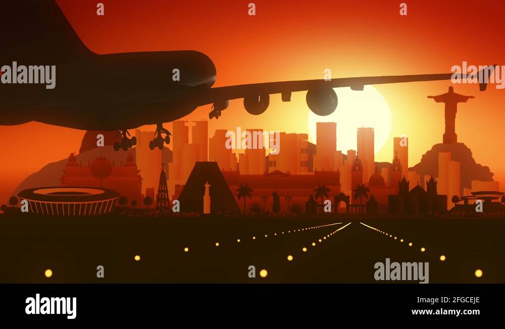 Rio de Janeiro Brazil Airplane Landing Skyline Golden Background Stock ...