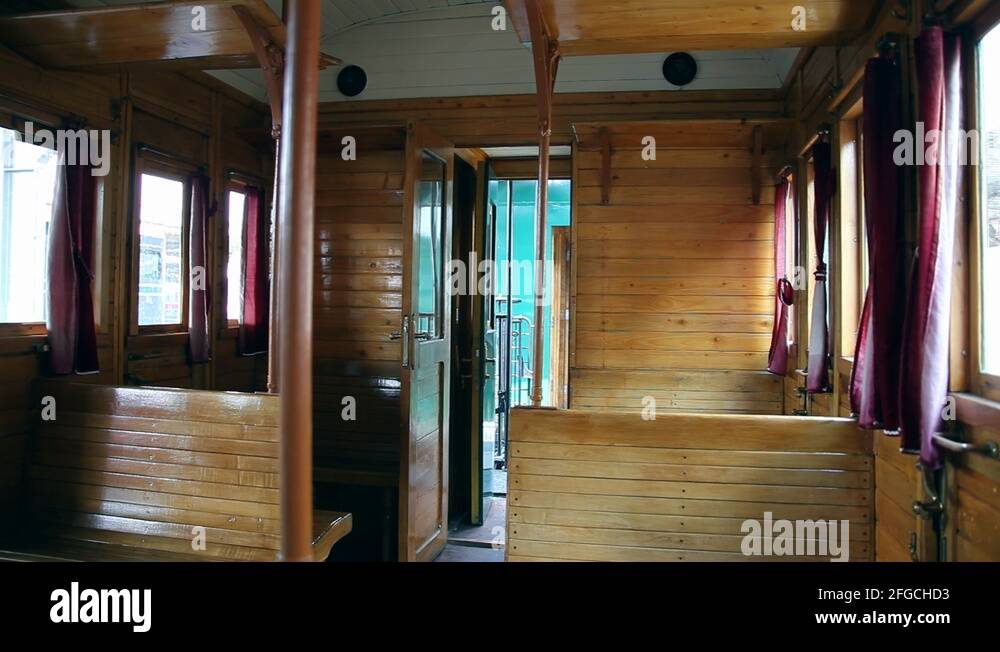 Vintage train interior with retro wooden seats at old train exhibition ...
