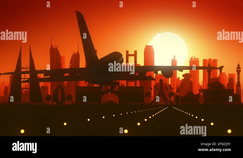 Manama Bahrain Airplane Landing Skyline Golden Background Stock Video ...