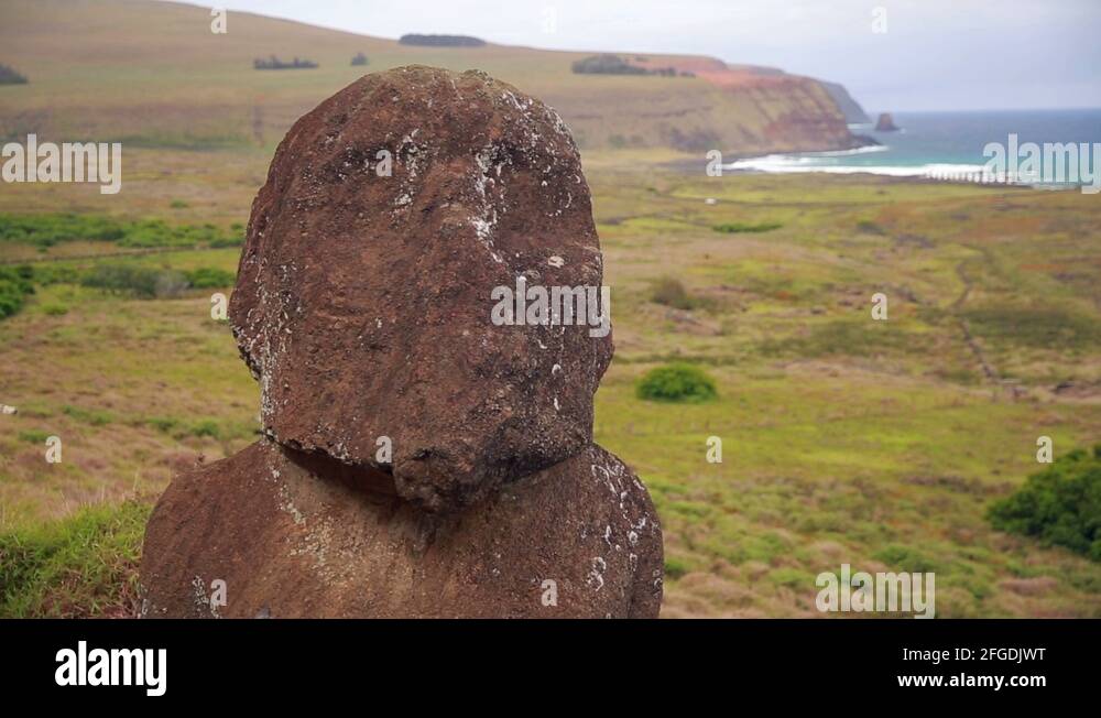 Stunning footage of Moai statue with breathtaking lanscape view Stock ...