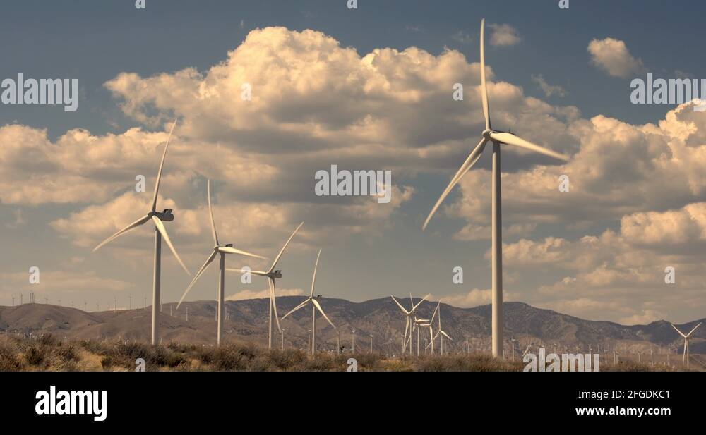 Large wind turbines and clouds at Tehachapi wind farm in Mojave Desert ...