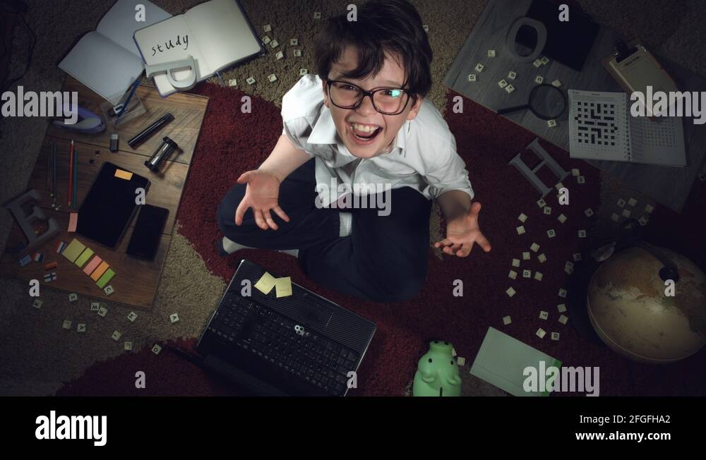 4k Above School Background of a Child Doing his Homework and Shouting ...