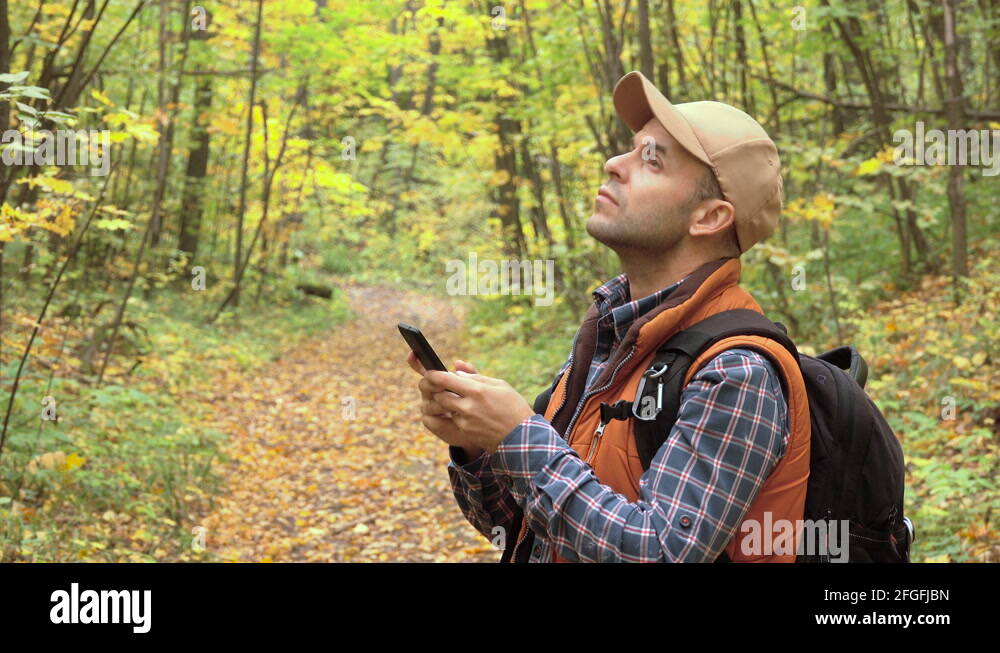 Young, Lost Man With Smartphone Looking For Direction On The Forest ...