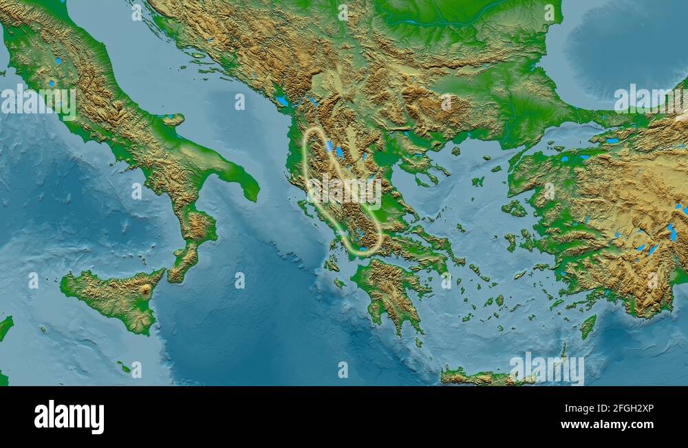 Zoom into Pindus mountain range - glowed. Colored physical map Stock ...
