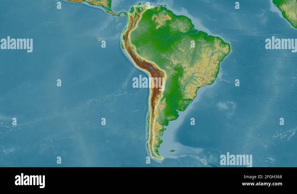 Zoom into Andes mountain range - glowed. Colored physical map Stock ...