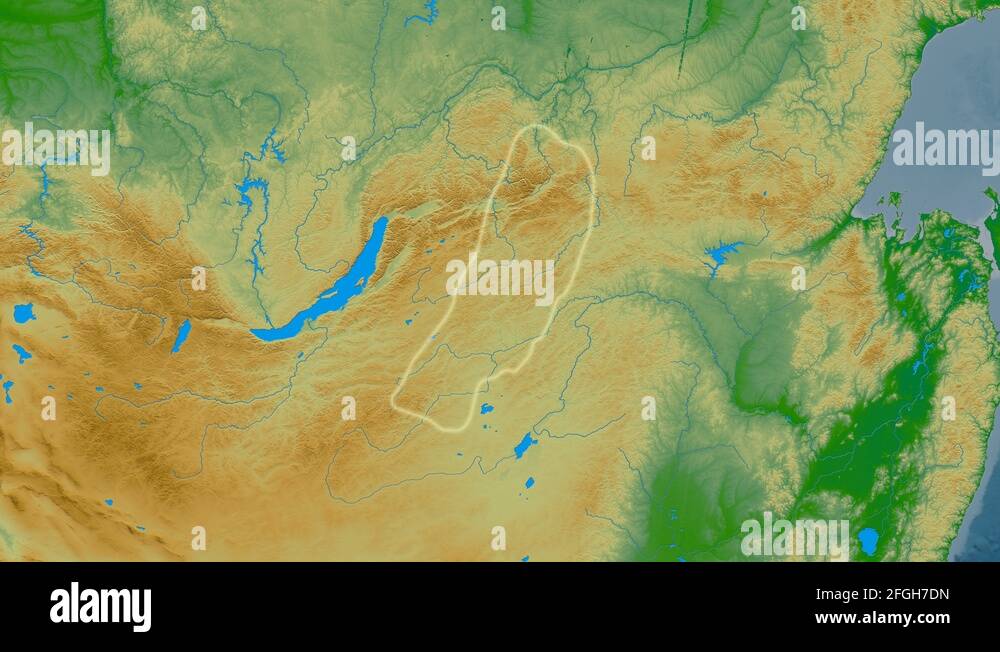 Zoom into Yablonovyy mountain range - glowed. Colored physical map ...