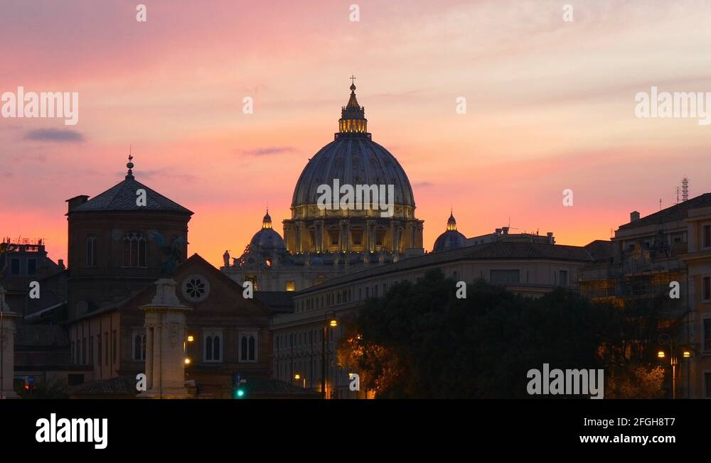 pink sunset sky most famous rome city vatican basilica panorama 4k ...