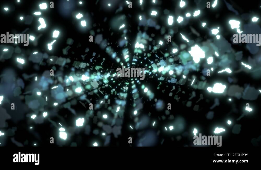 Animated falling and dancing light blue glowing flakes against black ...