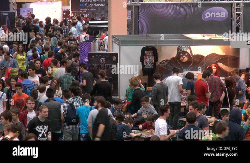 Board game space at Comic-Con with large crowds Stock Video Footage - Alamy