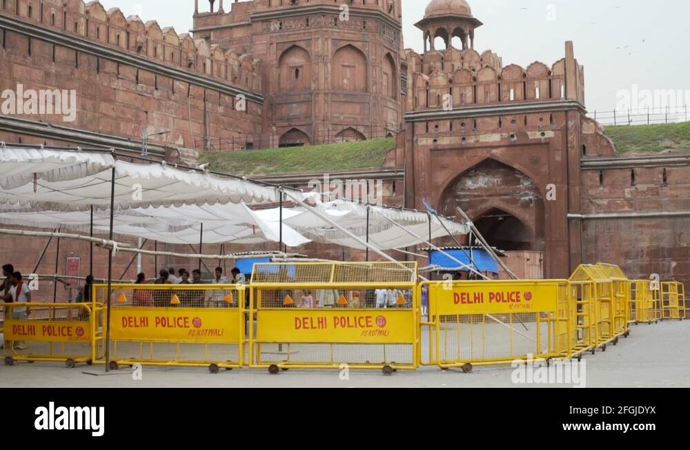 Delhi police barricade, people enter, exit, Red Fort entrance, India ...